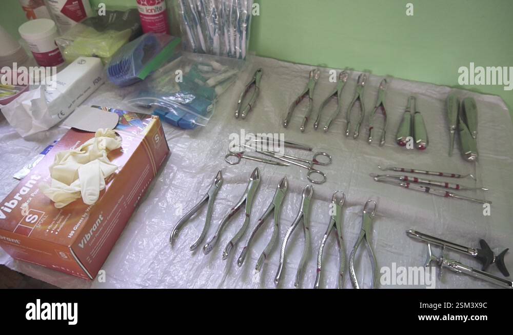 Dental medical instruments on a table, prepared for a medical brigade ...