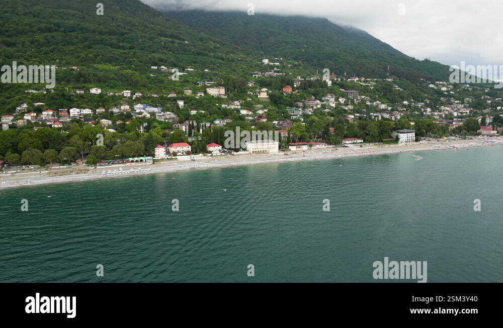 Beautiful aerial view of the resort and beach in Abkhazia. Top view ...