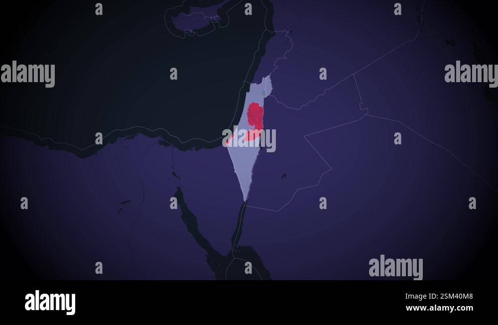 Zoom in animated Satelite map of Israel and Palestine area in a dark ...