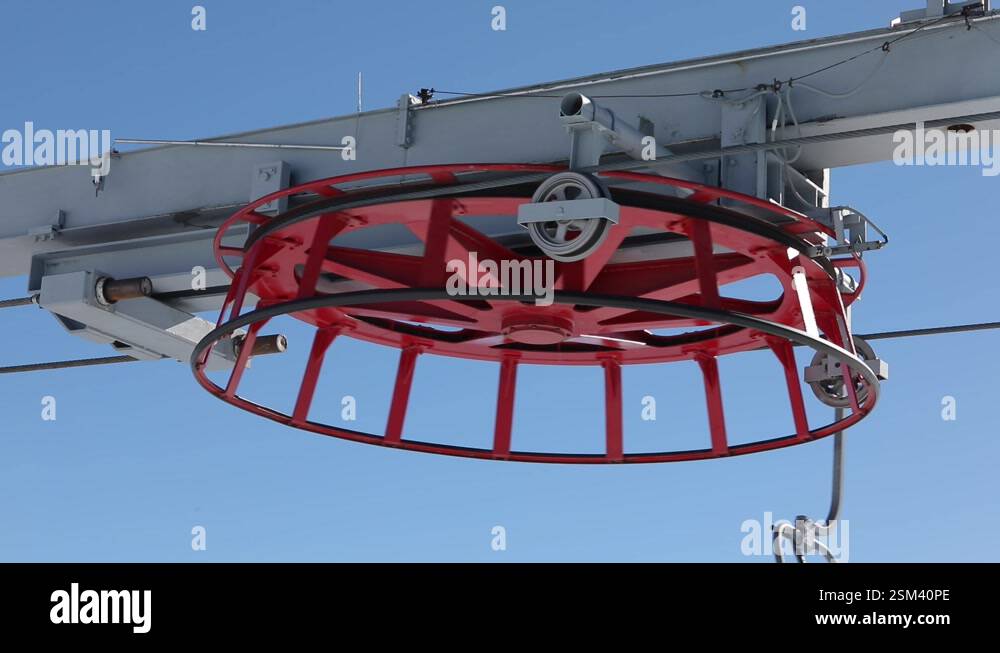 Ski Lift Rotating Wheel Pulley System with Gondola Chair, Close Up Shot ...