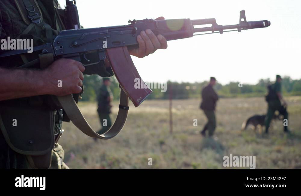 Squad of armed soldiers patrol border with service dog picking up ...