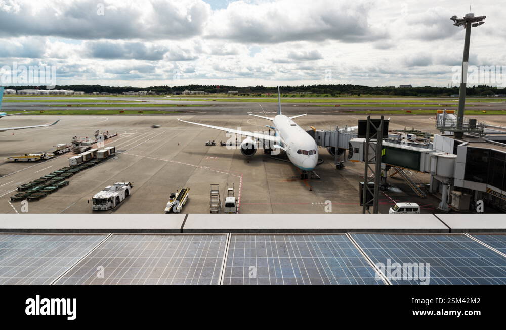 Time lapse of airplane docking, plane take off at airport runway. Solar ...