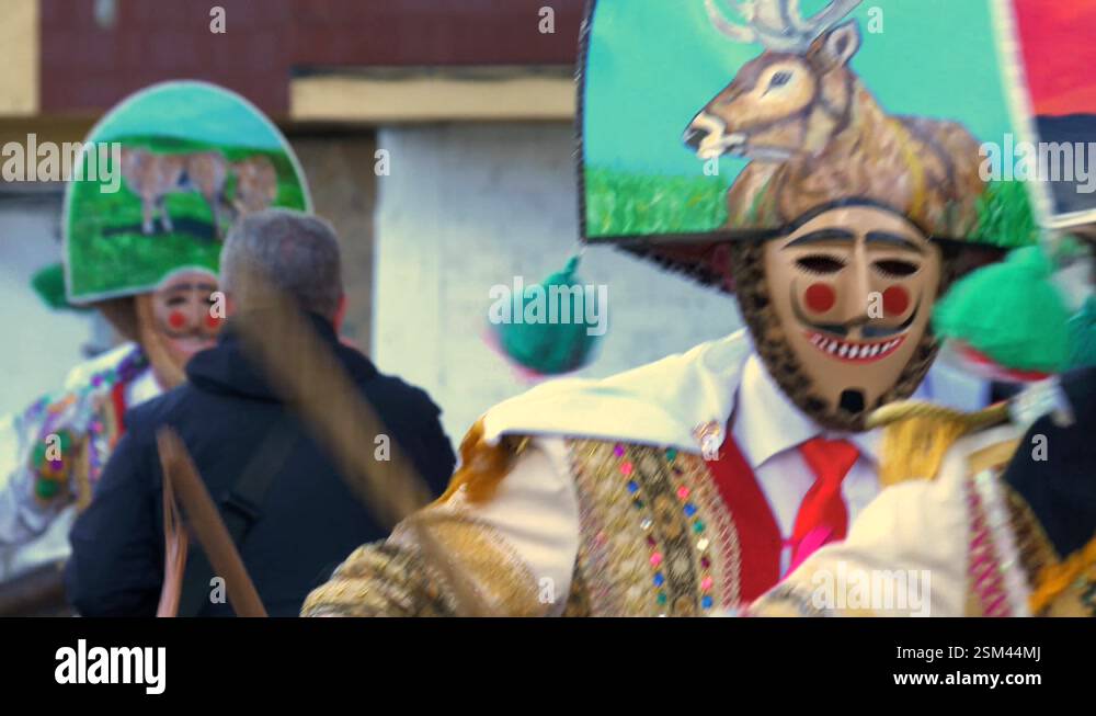 Ornate Spanish masks with painted animal art pieces worn by men of ...