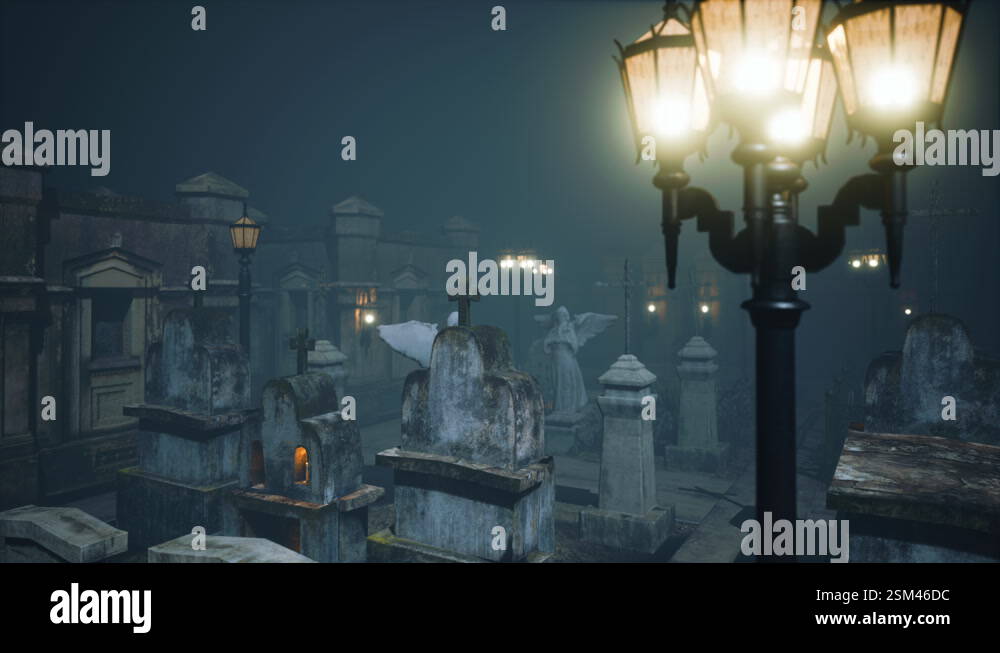 Very old misty and creepy graveyard in fog at night Stock Video Footage ...