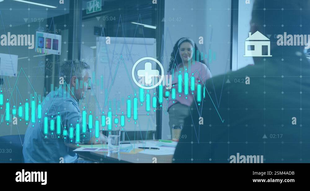 Animation of icons, graphs, changing numbers, diverse coworkers sharing ...