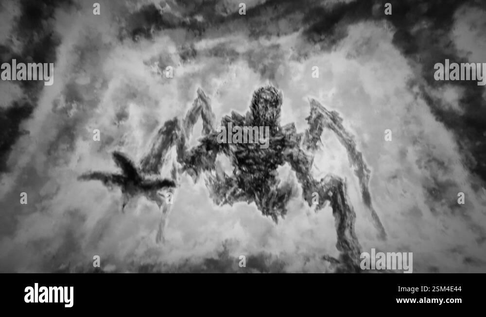 2D animation with devilish character. Scary monsters walks along dark ...