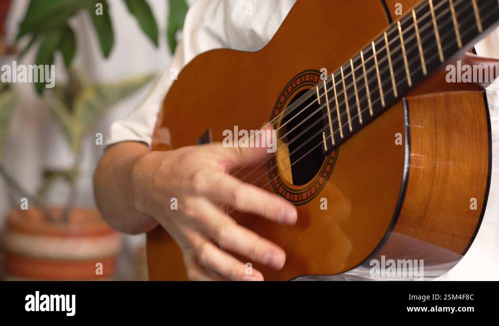 Strings serenade with classical guitar melody. A man plays his ...