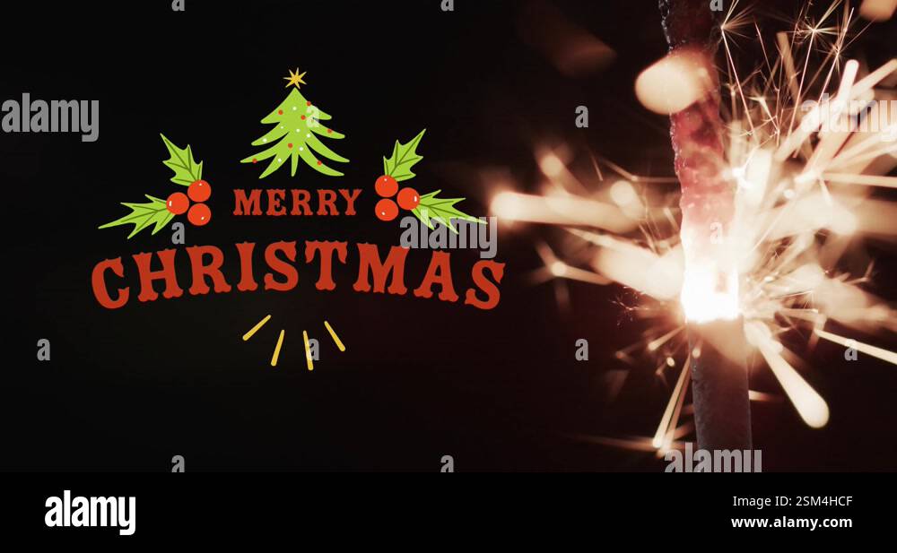Animation of merry christmas text over lit sparkler background Stock ...