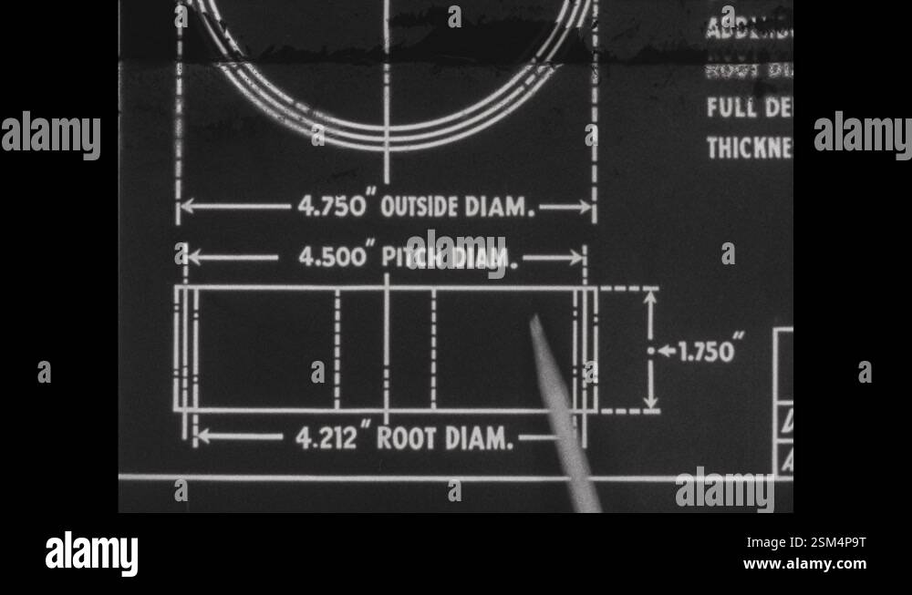 1940s: diagram of a spur gear, pencil points to diameter, pitch diameter, tooth Stock Video ...