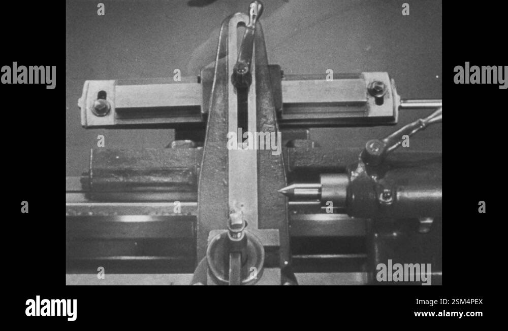 1940s: Part of lathe is slidable, person slides it back and forth ...