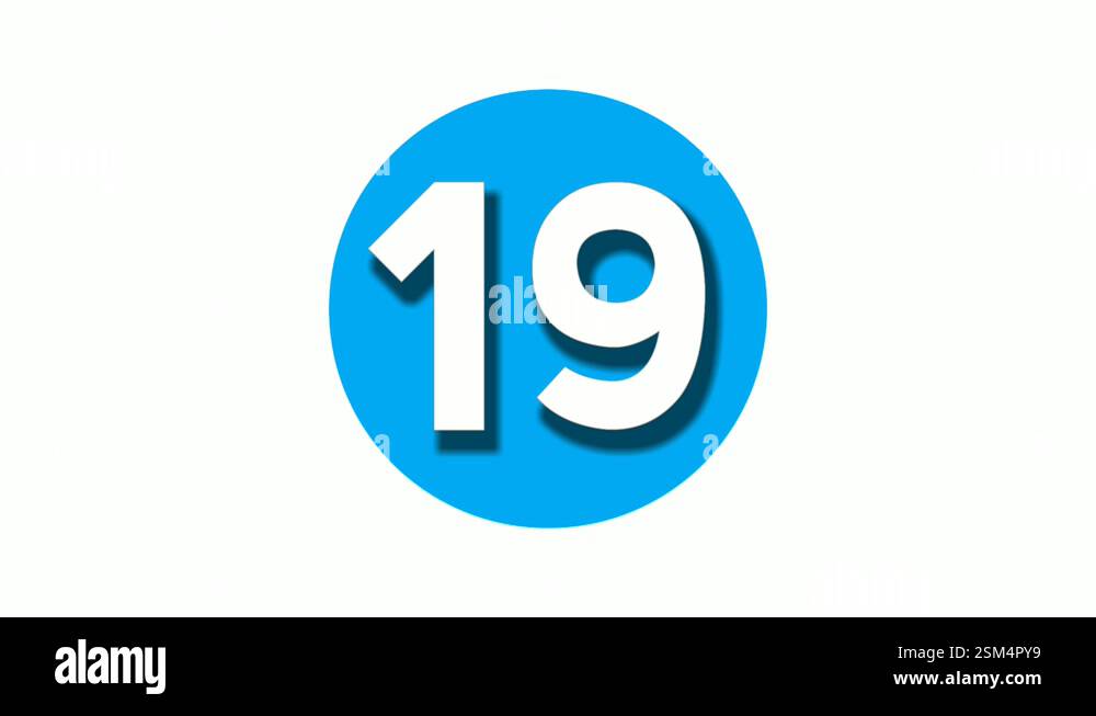 Number 19 nineteen sign symbol animation motion graphics on blue circle ...