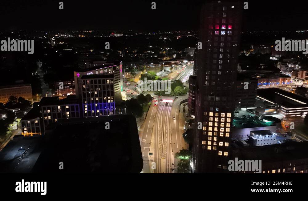 Flight over busy roundabout in Birmingham night time Stock Video ...