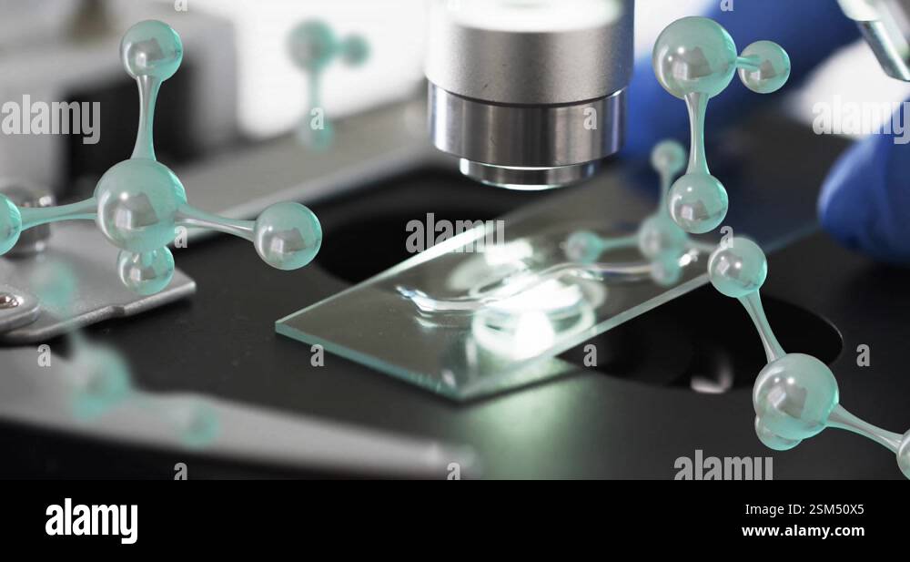 Animation of chemical molecules over laboratory microscope on white ...