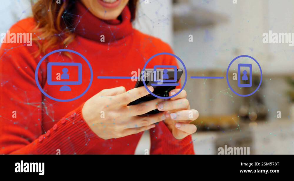 Animation of flowchart and connected dots over smiling caucasian woman ...