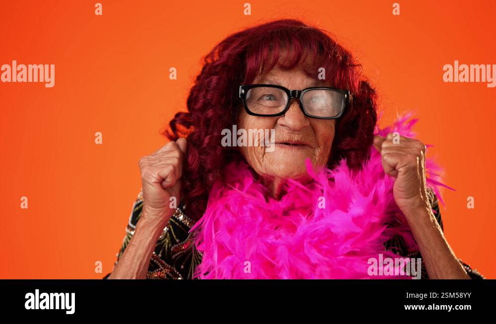Closeup portrait of toothless funny elderly senior old woman with ...