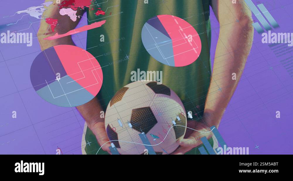 Animation of charts and data on interface over caucasian male football ...
