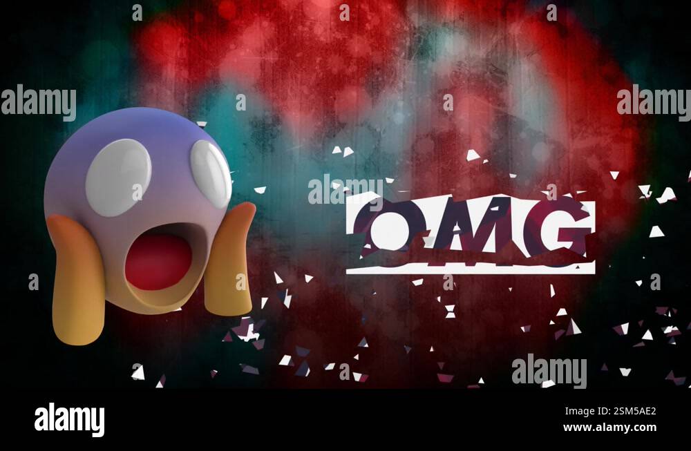 Animation of emoji icon and omg text over shapes on black background ...