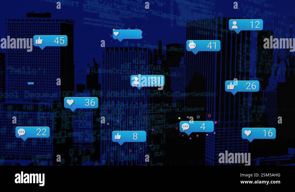 Animation of social media icons with growing number over data processing and Stock Video Footage ...
