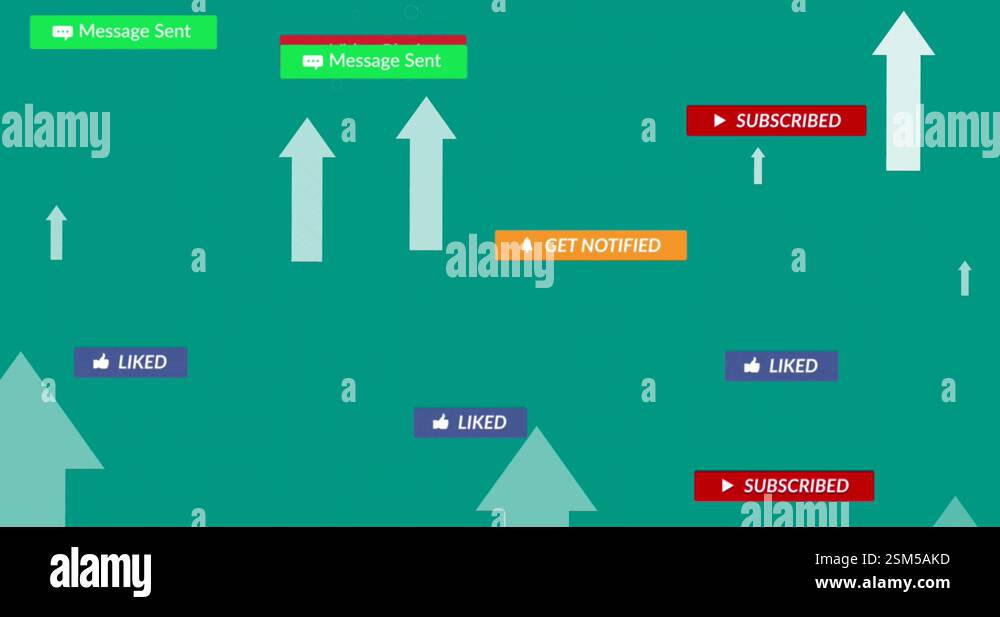 Animation of social media icons with texts over arrows on green ...