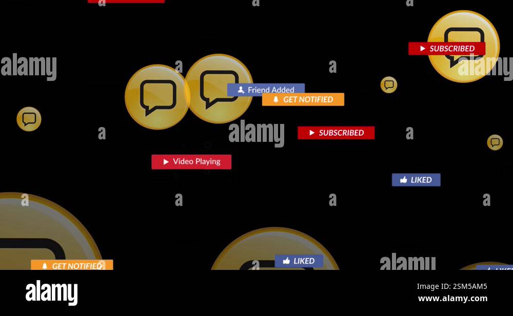 Animation of social media icons with texts over speech bubbles on black ...