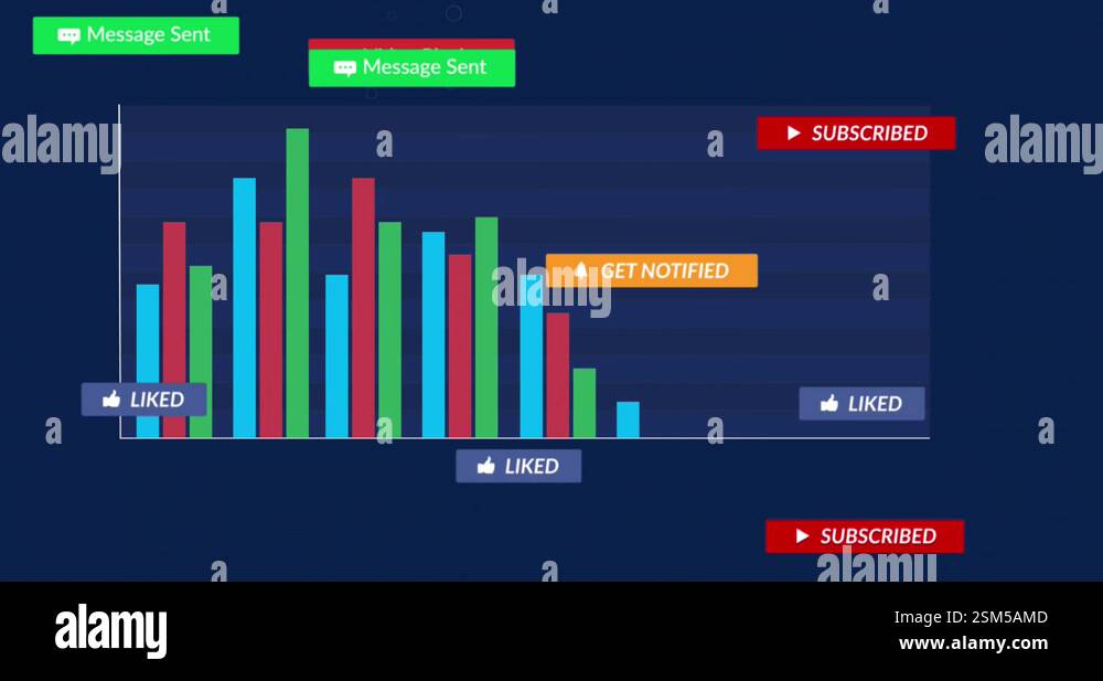 Animation of social media icons with texts over diagram on black ...