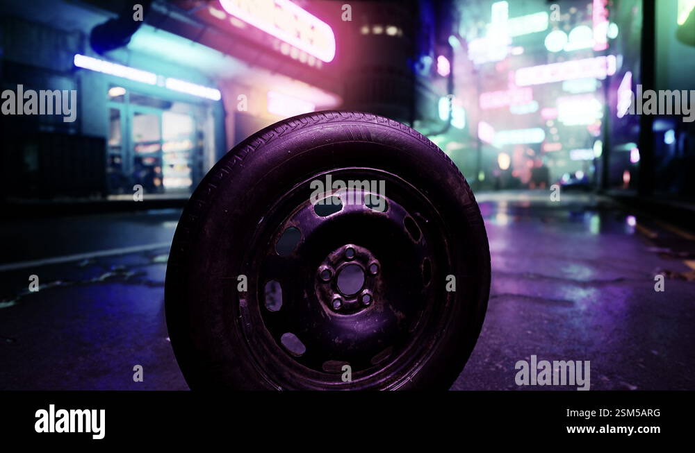 A tire sitting on the side of a road at night Stock Video Footage - Alamy