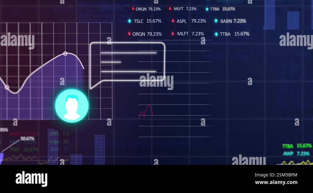 Animation of message box, profile icon, graphs, trading board, computer ...