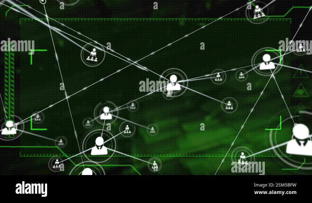 Animation of connected icons, viewfinder and abstract pattern over ...