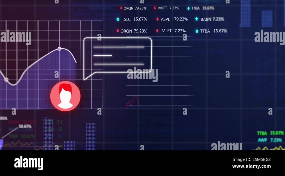 Animation of message box, profile icon, graphs, trading board, computer ...