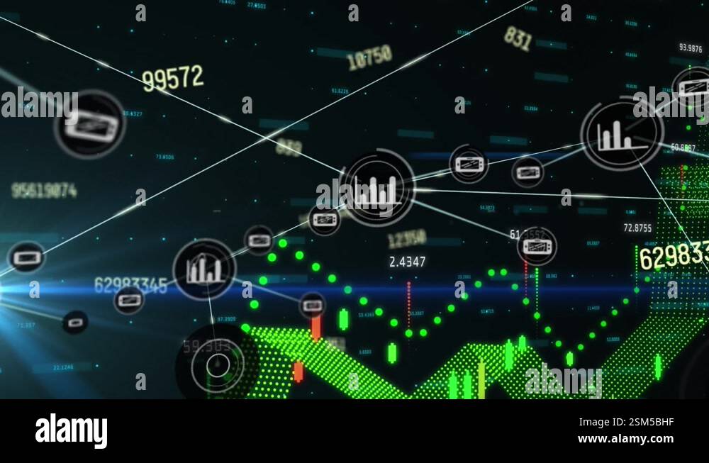 Animation of connected icons, changing numbers and graphs over black ...