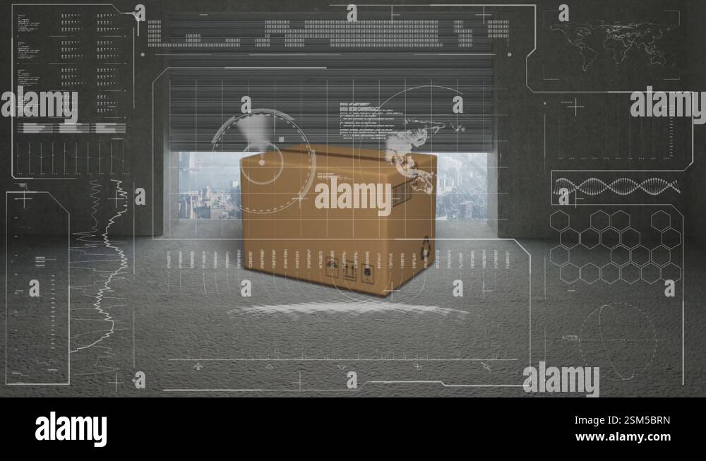 Animation of graphs, radar, globe, loading bars, cardboard box and ...