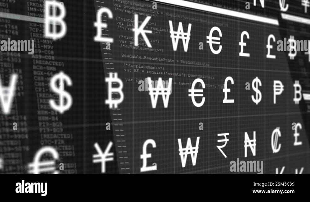 Animation of interface with multiple currency symbols against black ...