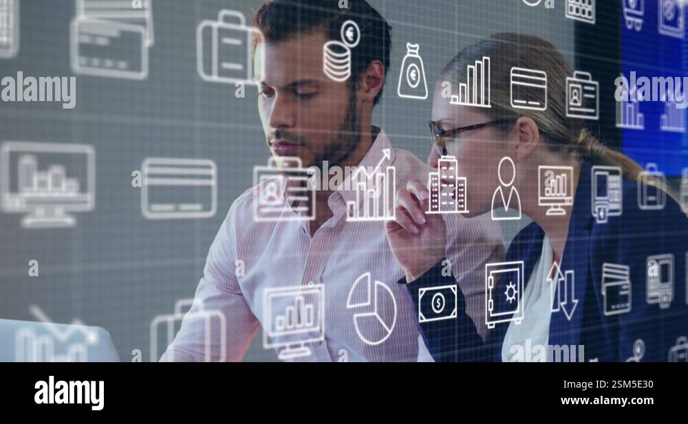 Animation of multiple icons over caucasian coworkers sharing ideas ...