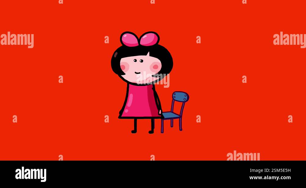 Cartoon pink kid character moves Kasia sit down on the chair black ...