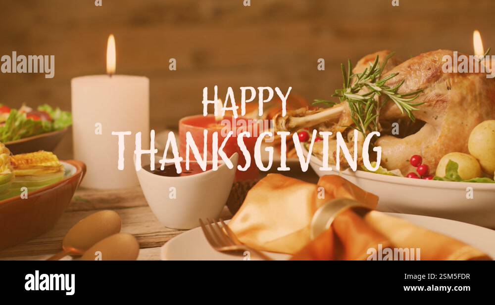 Animation of happy thanksgiving over dinner food background Stock Video ...