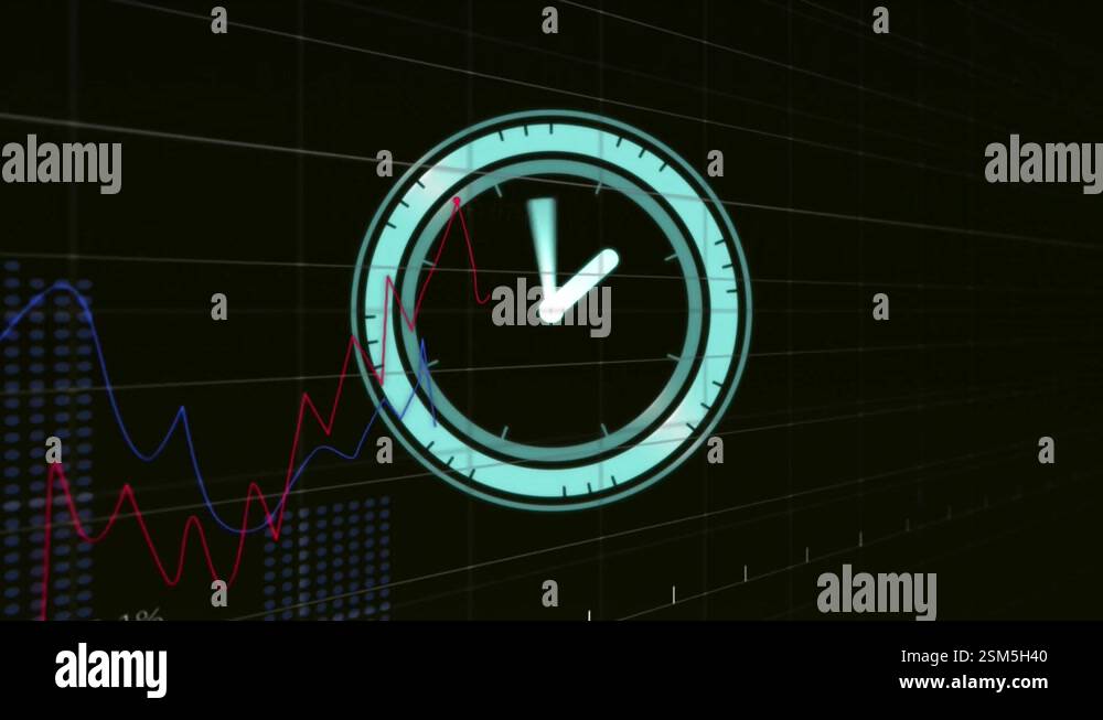 Animation of digital clock and multiple graphs with changing numbers ...