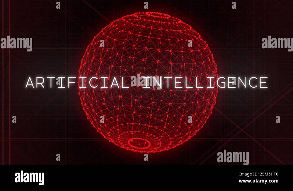 Red AI sphere made of moving particles animate and reveal the phrase ...