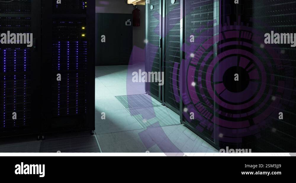 Animation of purple round scanner spinning against computer server room Stock Video Footage - Alamy