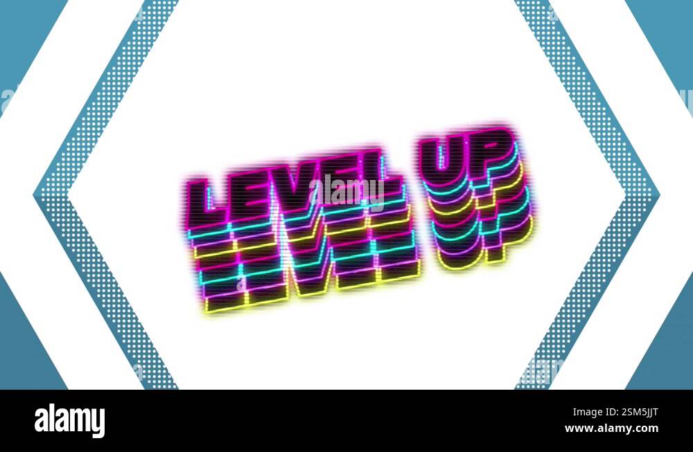 Animation of neon level up text with shadow effect against hexagonal ...
