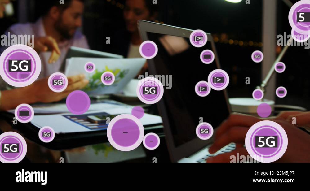 Animation of 4g, symbols and 5g text in circles over diverse coworkers sharing Stock Video ...
