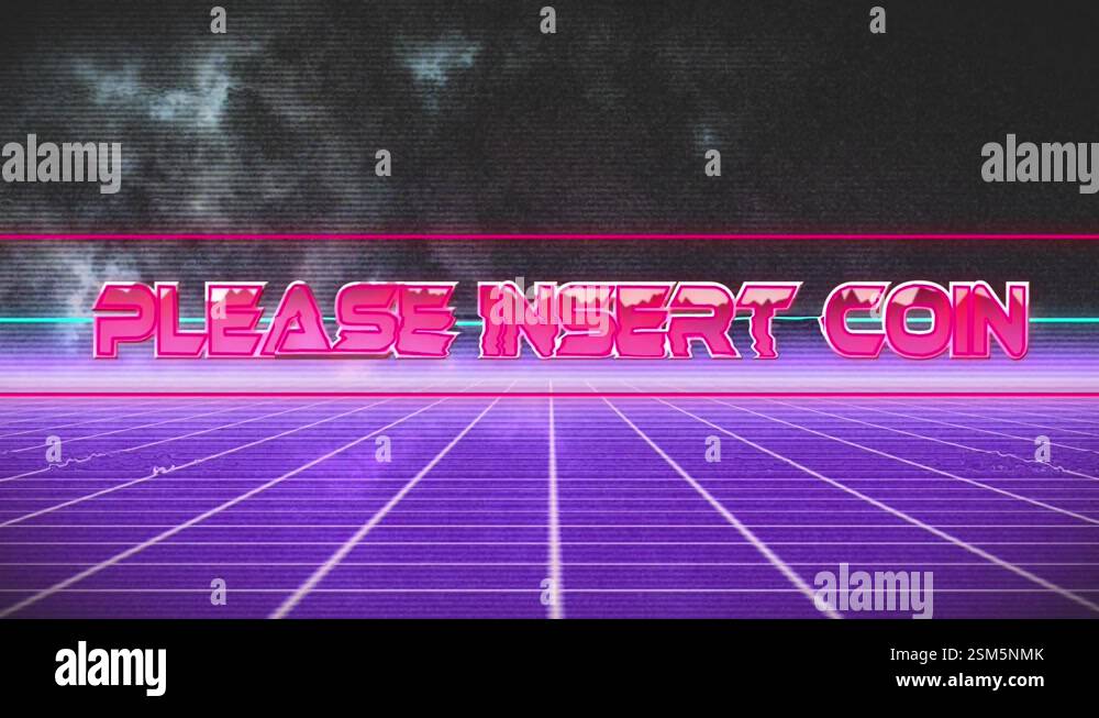 Animation of please insert coin text banner over purple grid network against Stock Video Footage ...