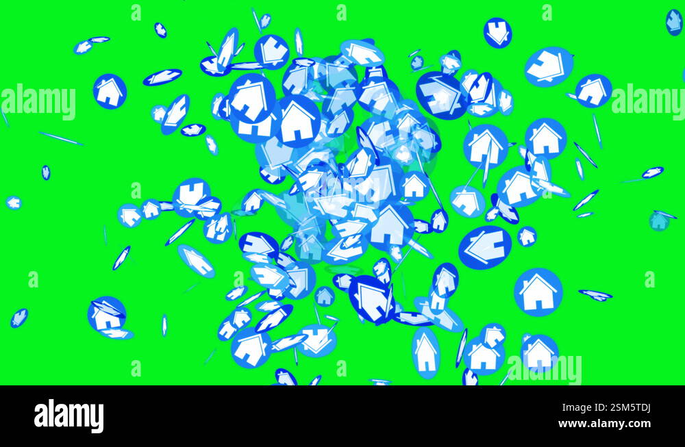 House icons scatter in different directions, animated particles symbols ...