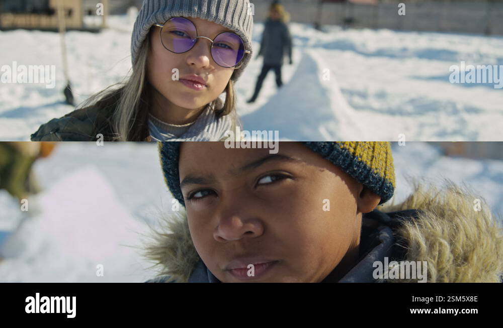 Split Screen Portraits of Two Diverse Kids Playing Outdoors in Winter ...