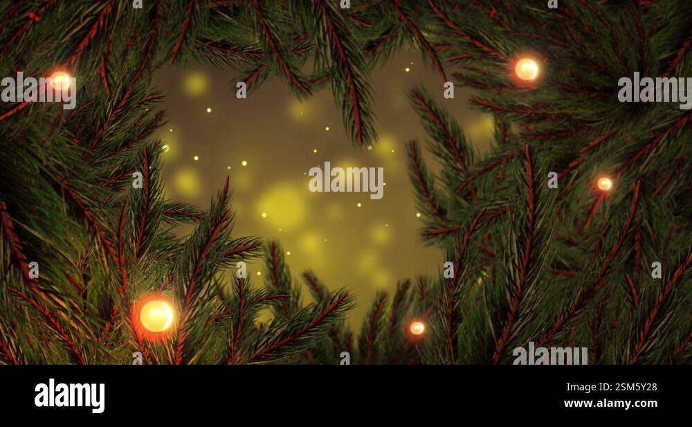 Animation of fir tree branches with glowing lights on yellow background ...