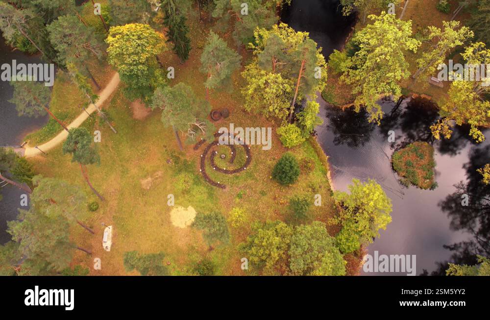 Gulbene city pond and park. The autumn view from the drone of Gulbene ...