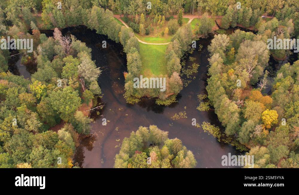 Gulbene city pond and park. The autumn view from the drone of Gulbene ...