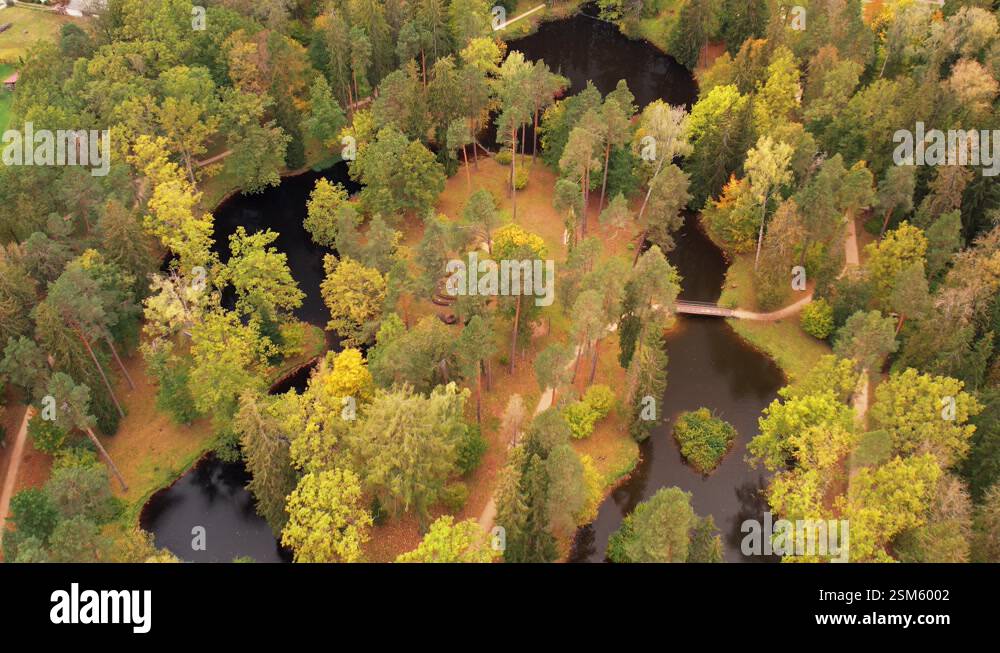 Gulbene city pond and park. The autumn view from the drone of Gulbene ...