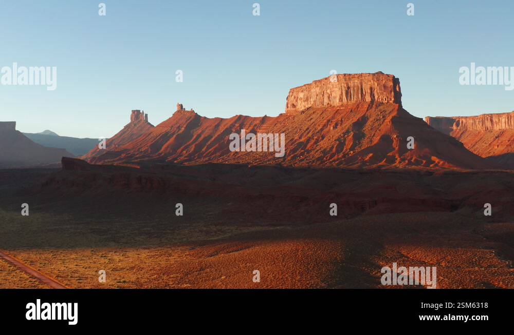 Moab, Utah Cliffs and Sandstone Buttes during Golden Hour, Drone Push ...