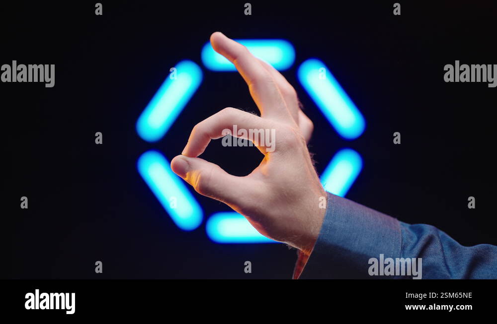 OK hand sign for agreement on neon sign circle black background 4K ...