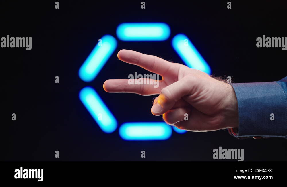 Peace and success hand gesture on neon sign circle black background 4K ...